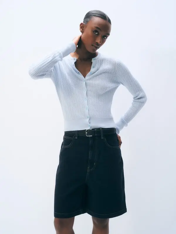 WHITE & WARREN Cashmere Linen Blend Cable Button Cardigan Sweater In Size In Linen/cashmere - Blue
