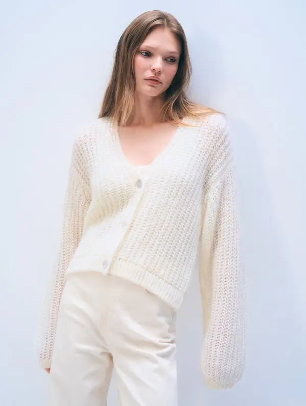 WHITE & WARREN Mohair Luxe Open Cardigan Sweater - Ivory