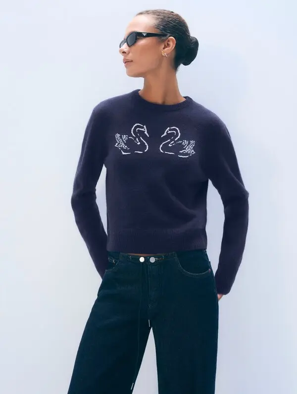 WHITE & WARREN Cashmere Blend Embroidered Swan Sweater - Navy