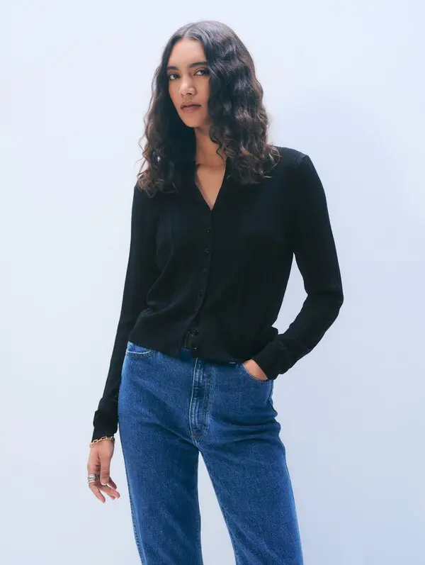 WHITE & WARREN Superfine Merino Wool Cardigan Sweater - Black