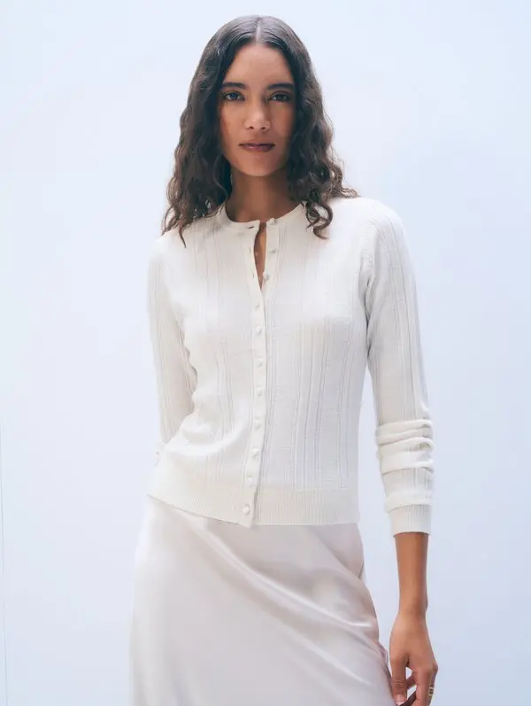 WHITE & WARREN Superfine Merino Wool Cardigan Sweater - Ivory