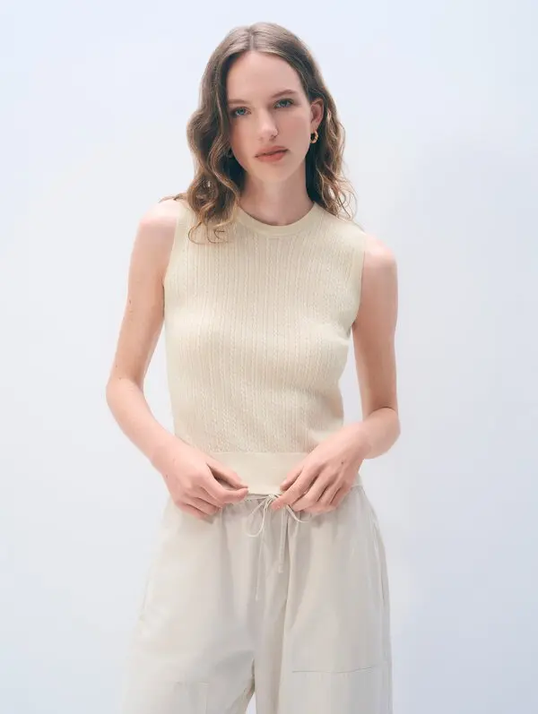 WHITE & WARREN Cashmere Linen Blend Cable Shell Sweater In Size In Linen/cashmere - Ivory