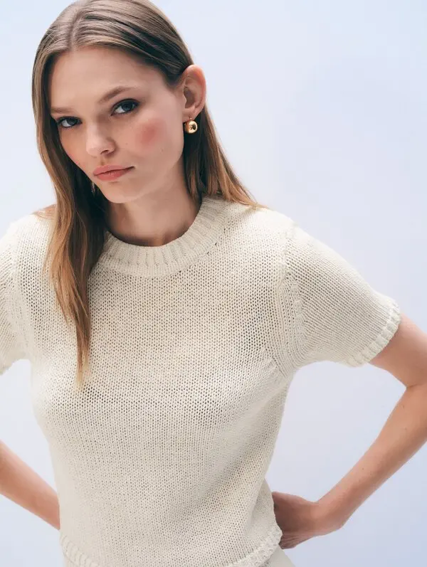 WHITE & WARREN Organic Cotton Tape T-shirt Sweater - Ecru-