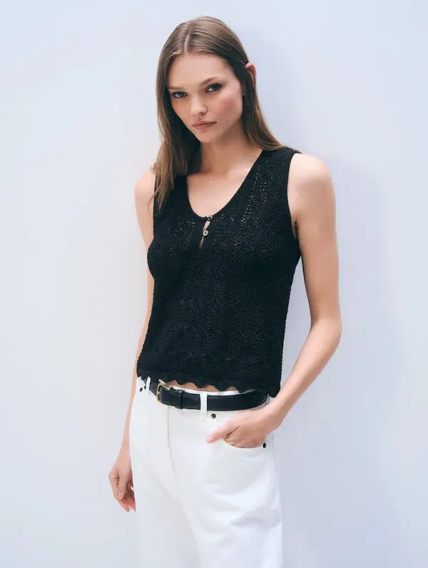 WHITE & WARREN Pointelle Knit Tank Top - Black