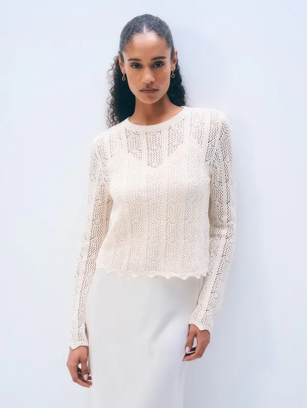 WHITE & WARREN Cotton Pointelle Crewneck Top - Cream