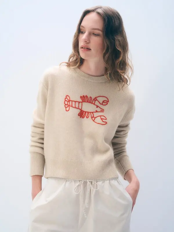 WHITE & WARREN Cashmere Embroidered Lobster Crewneck Top - Red