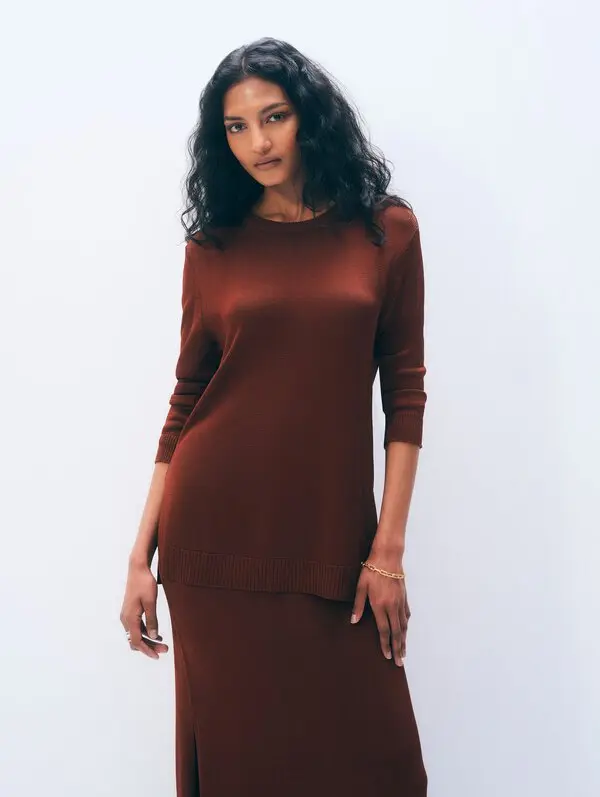 WHITE & WARREN Luster Viscose Long Sleeve Crewneck Top In Size - Brown