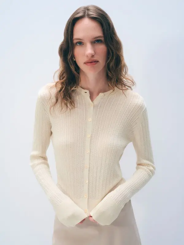 WHITE & WARREN Cashmere Linen Fine Cable Cardigan Sweater - Ivory