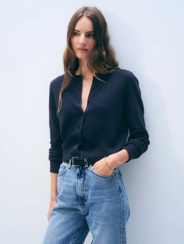 WHITE & WARREN Cashmere Crewneck Cardigan Sweater - Navy