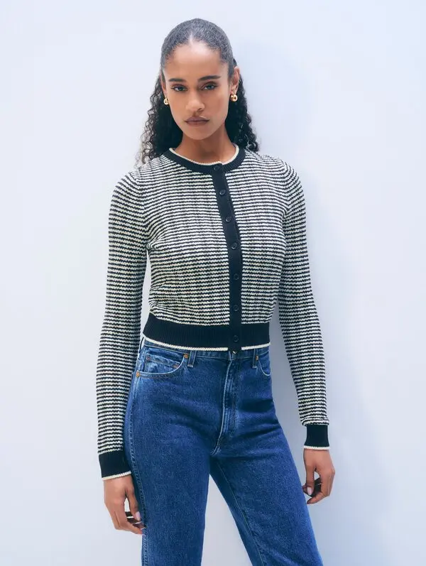 WHITE & WARREN Striped Bouclé Cardigan - Midnight