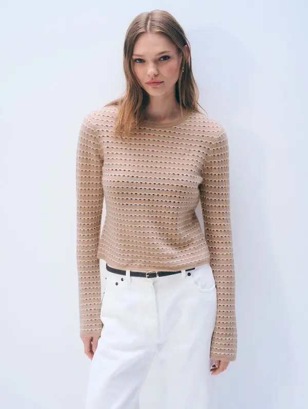 WHITE & WARREN Cashmere Striped Pointelle Top - Muted Camel