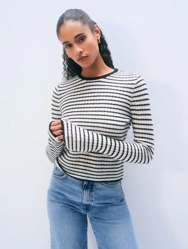 WHITE & WARREN Cashmere Striped Pointelle Top - Soft White/black