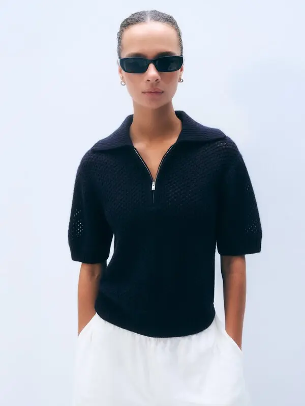 WHITE & WARREN Cashmere Mesh Polo Sweater In Size