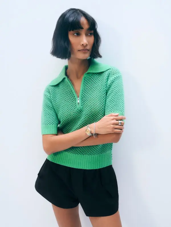 WHITE & WARREN Cashmere Mesh Polo Sweater In Size