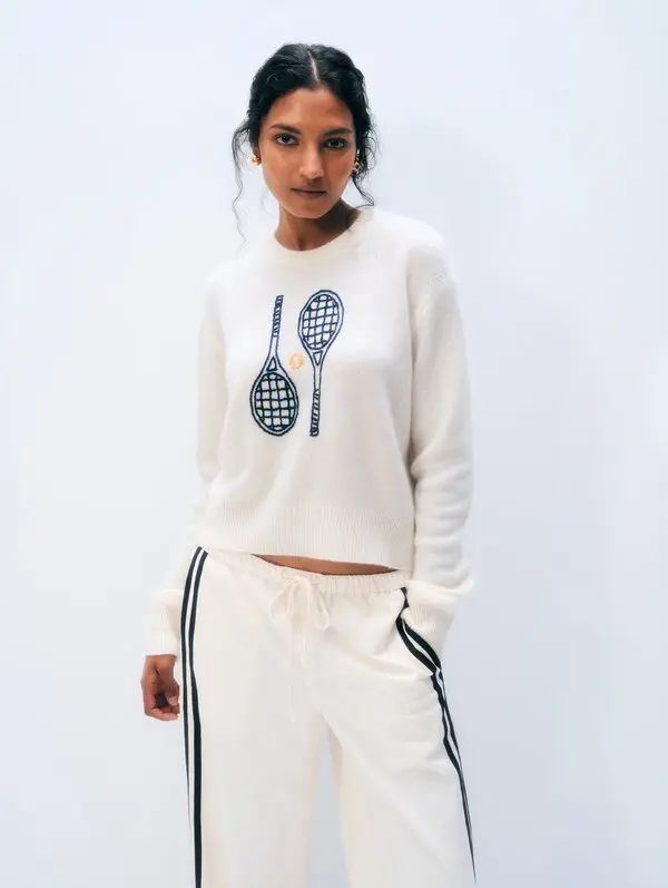 WHITE & WARREN Cashmere Tennis Embroidered Sweatshirt In Size
