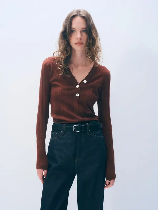 WHITE & WARREN Linen Blend Henley Sweater In Size In Cotton/linen/polyester - Brown