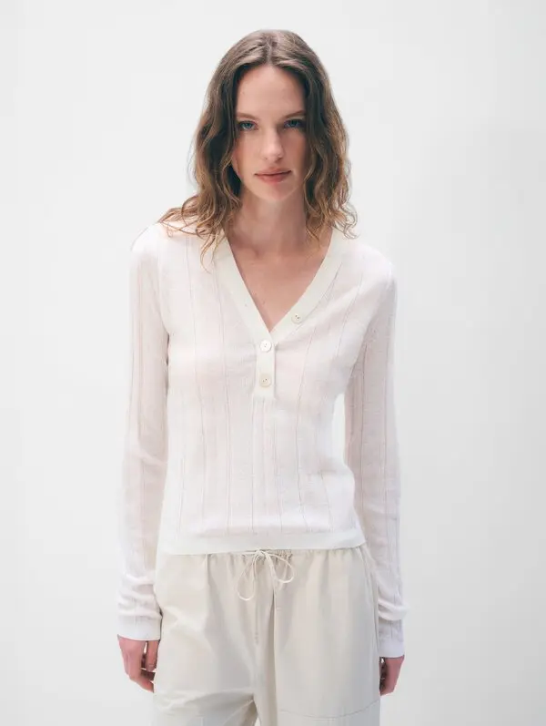 WHITE & WARREN Linen Blend Henley Sweater In Size In Cotton/linen/polyester - White