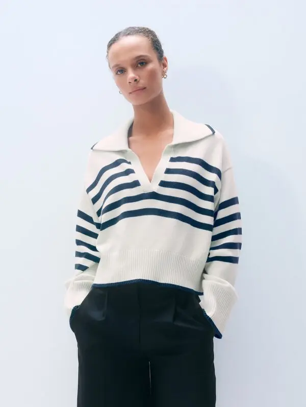 WHITE & WARREN Varsity Cotton Striped Polo Sweater In Size In Cotton/polyester