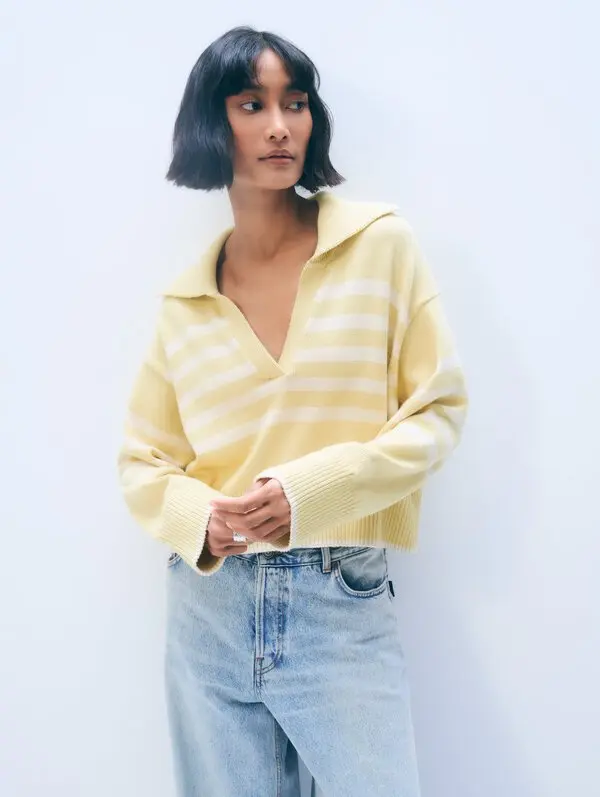 WHITE & WARREN Varsity Cotton Striped Polo Sweater In Size In Cotton/polyester - Ivory