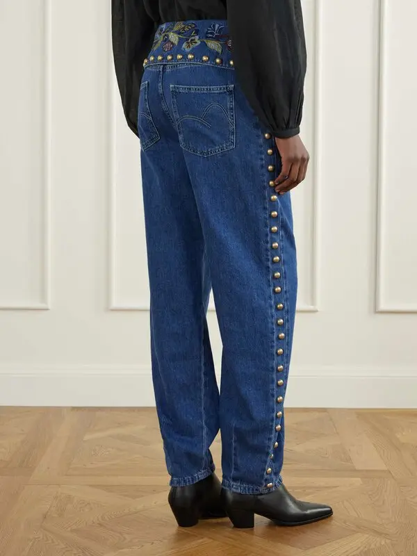 Farm Rio Studded Embroidered Mid-rise Straight-leg Jeans