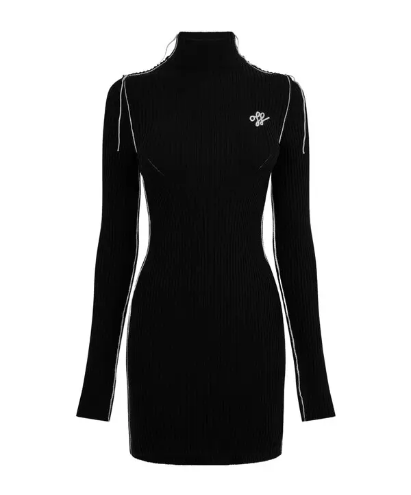 Off-White Turtleneck Longsleeve Ribbed Knit Mini Dress - Black
