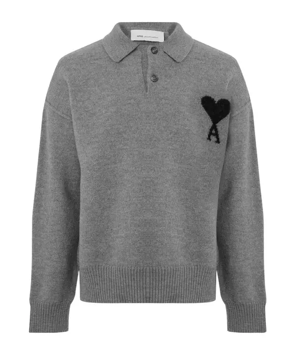 AMI Paris Knitted Polo Shirt - Grey
