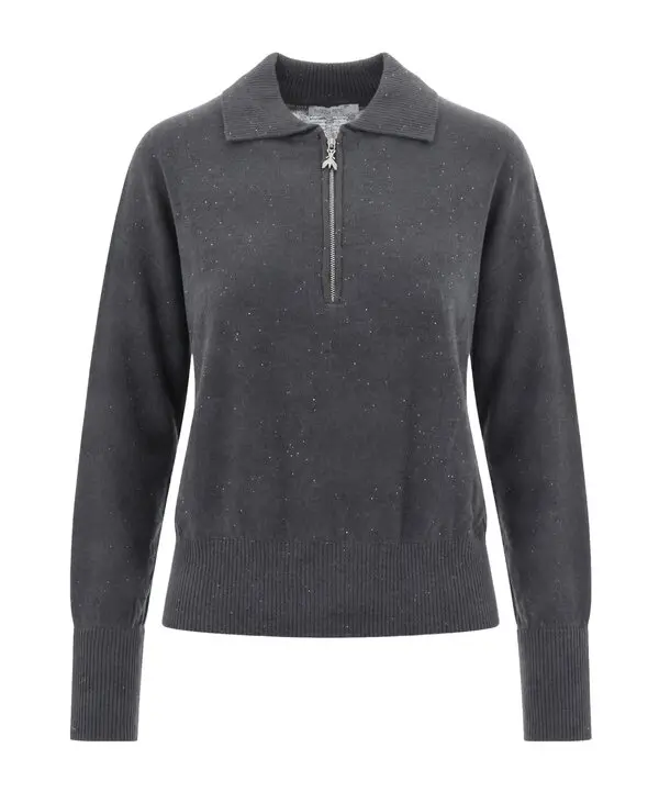 Patrizia Pepe Collared Quarter Zip Sweater With Speckled Knit And Ribbed Details