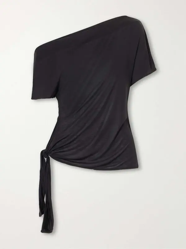 ST. AGNI Off-the-shoulder Asymmetric Tie-detailed Tencel™ Lyocell Blouse - Anthracite