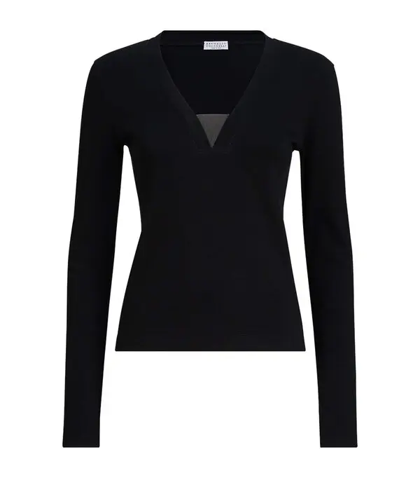 Brunello Cucinelli Monili Long-sleeve V-neck T-shirt - Black