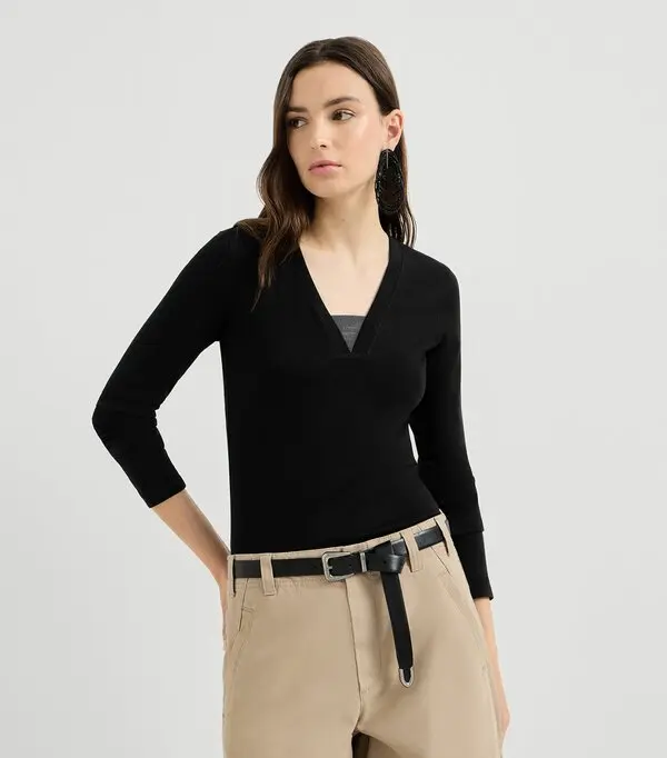 Brunello Cucinelli Monili Long-sleeve V-neck T-shirt