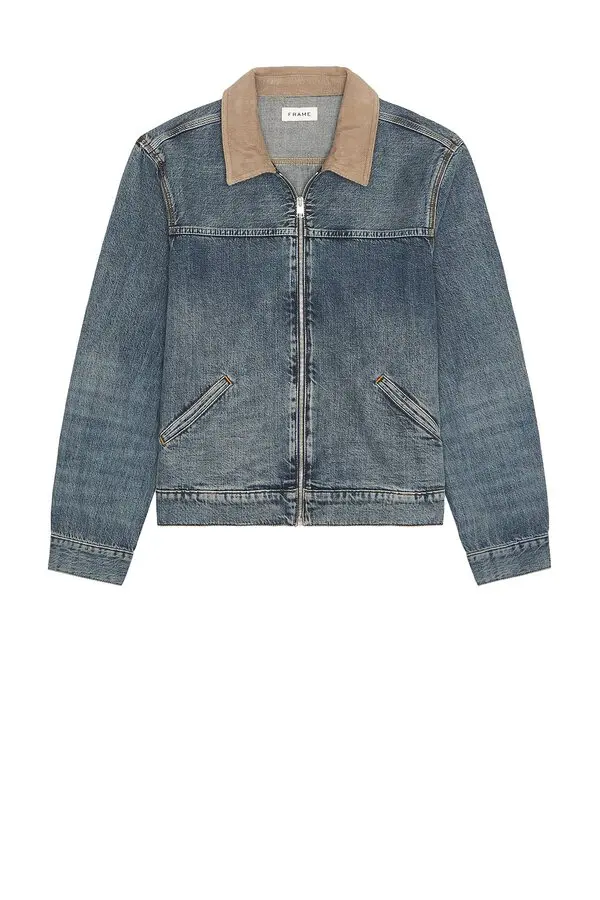 FRAME Denim Zip Trucker Jacket With Corduroy Collar Trim