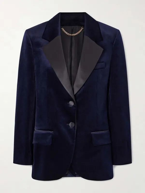 Victoria Beckham Satin-trimmed Cotton-blend Velvet Blazer - Navy