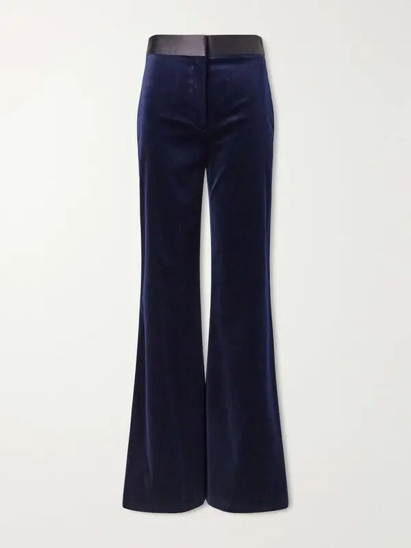 Victoria Beckham Alina Satin-trimmed Cotton-blend Velvet Flared Pants - Navy