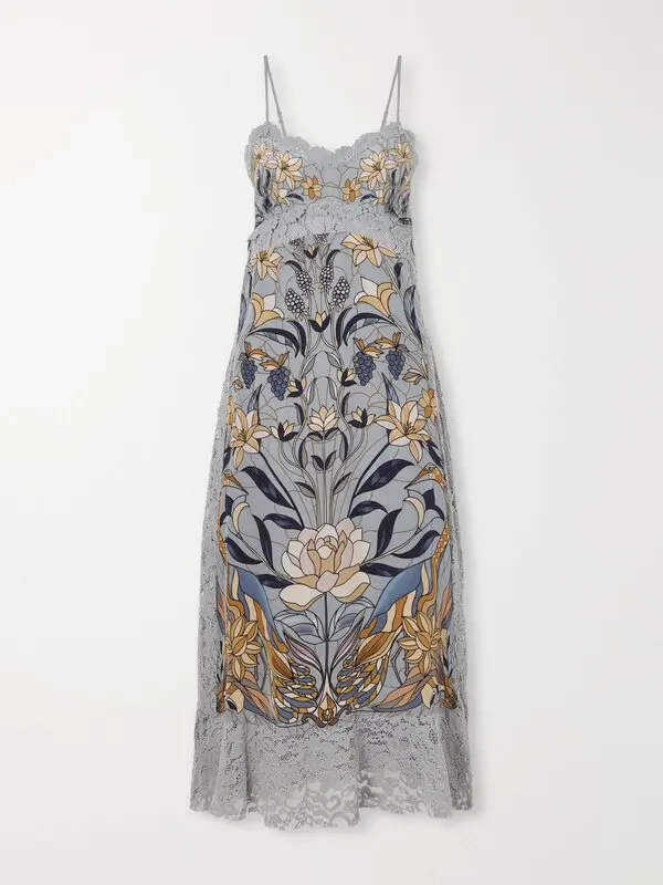Farm Rio Stained Glass Beauty Printed Guipure Lace-trimmed Satin Midi Dress - Blue