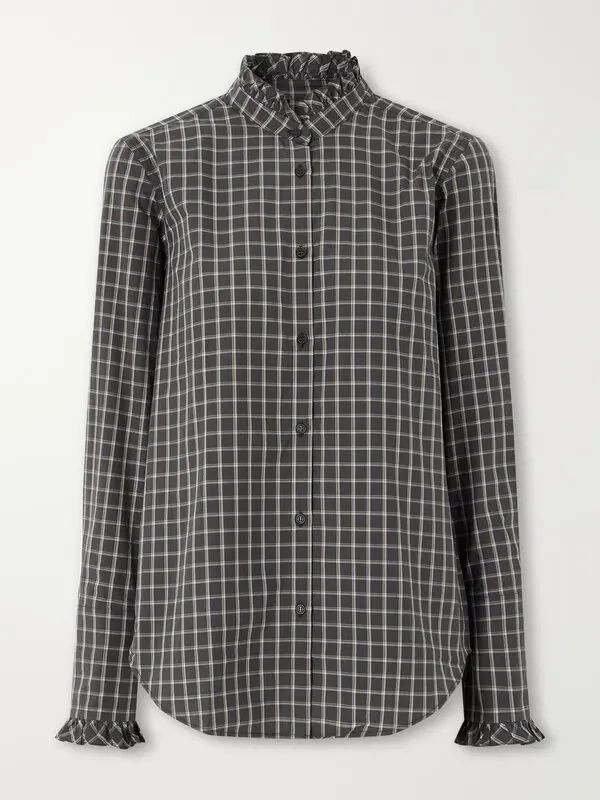 NILI LOTAN Elio Ruffled Checked Cotton Shirt - Gray