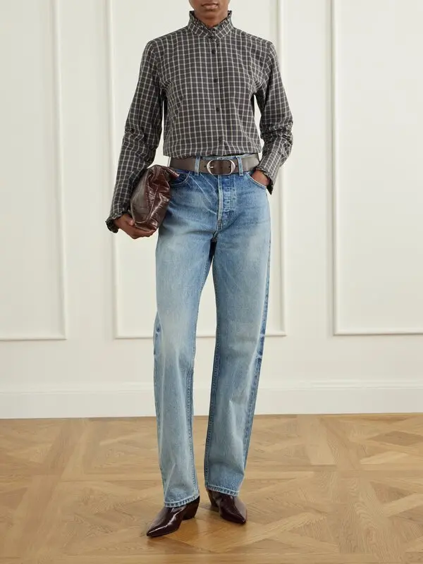 NILI LOTAN Elio Ruffled Checked Cotton Shirt - Gray