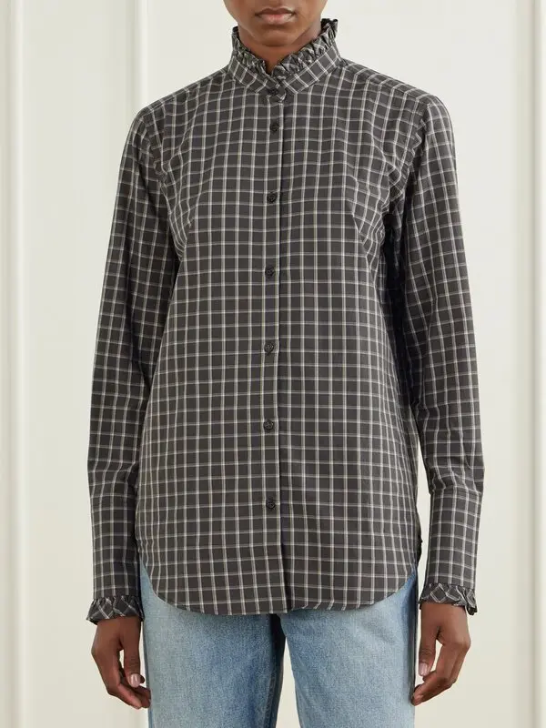 NILI LOTAN Elio Ruffled Checked Cotton Shirt - Gray