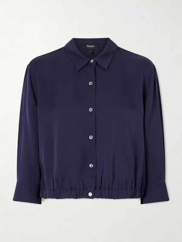 Theory Gathered Crop Silk-crepe Shirt - Blue