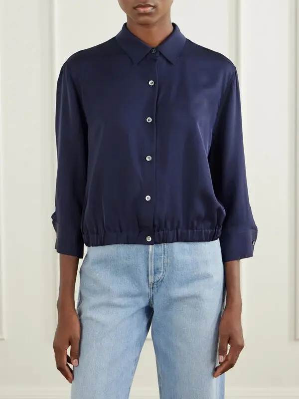 Theory Gathered Crop Silk-crepe Shirt - Blue