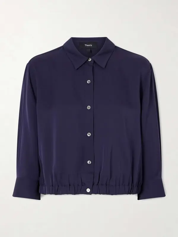 Theory Gathered Crop Silk-crepe Shirt - Navy