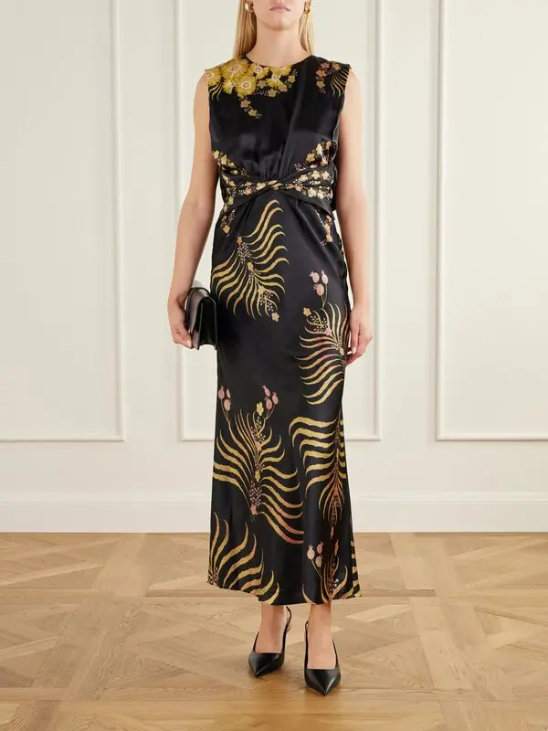 Saloni Gwen Floral-printed Silk-blend Midi Dress - Black