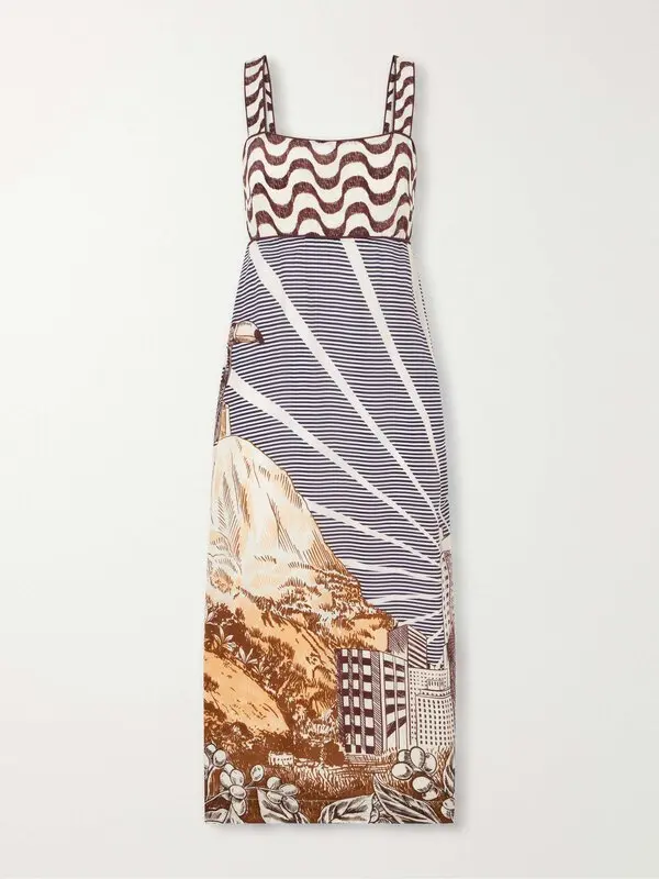 Farm Rio Mixed Carioca Coffee Scarves Printed Voile Midi Dress - Cream