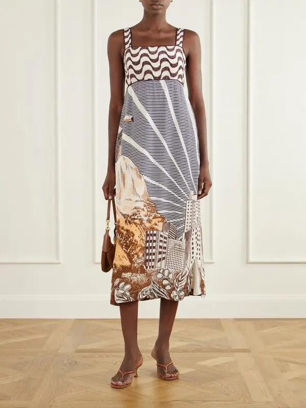 Farm Rio Mixed Carioca Coffee Scarves Printed Voile Midi Dress - Neutrals