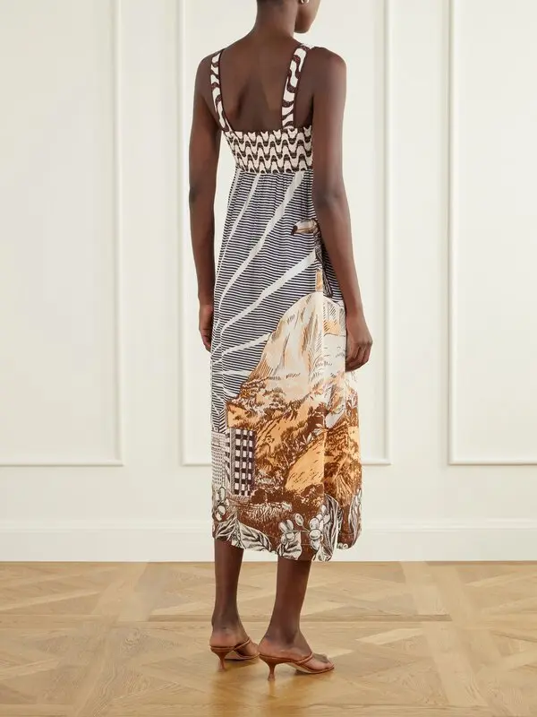 Farm Rio Mixed Carioca Coffee Scarves Printed Voile Midi Dress - Neutrals