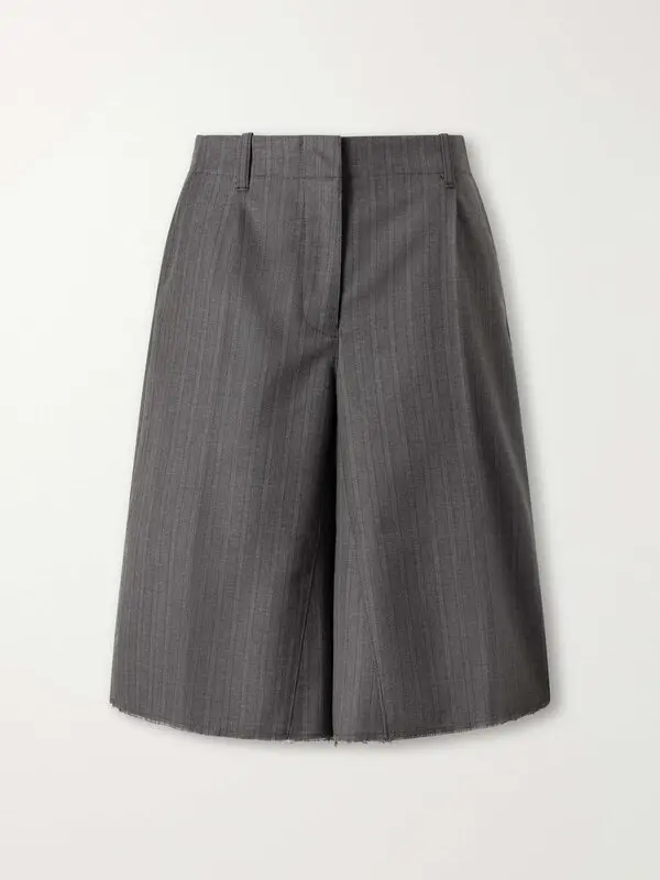 Our Legacy Jumbo Distressed Pleated Striped Cotton And Wool-blend Shorts - Gray