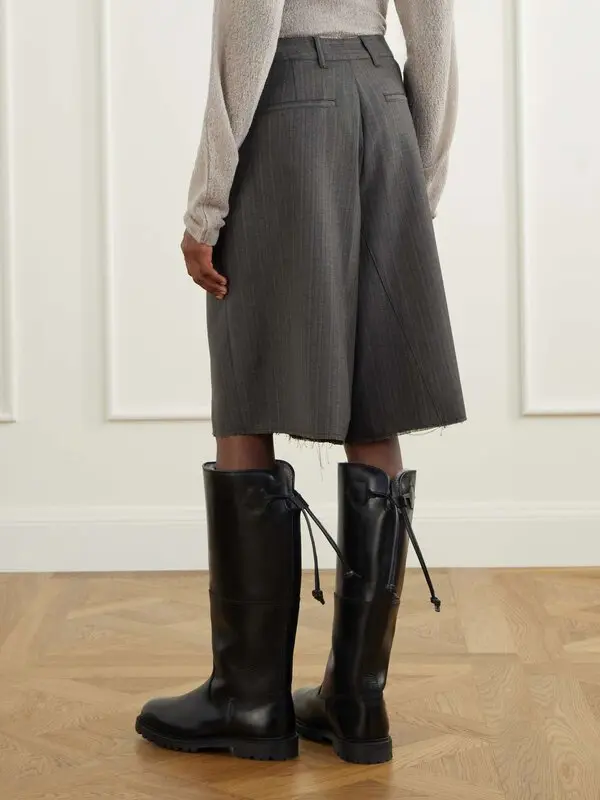 Our Legacy Jumbo Distressed Pleated Striped Cotton And Wool-blend Shorts