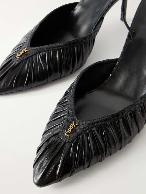Saint Laurent Folie 75 Gathered Snake-effect Trimmed Leather Slingback Pumps