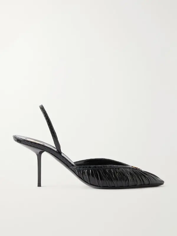 Saint Laurent Folie 75 Gathered Snake-effect Trimmed Leather Slingback Pumps - Black