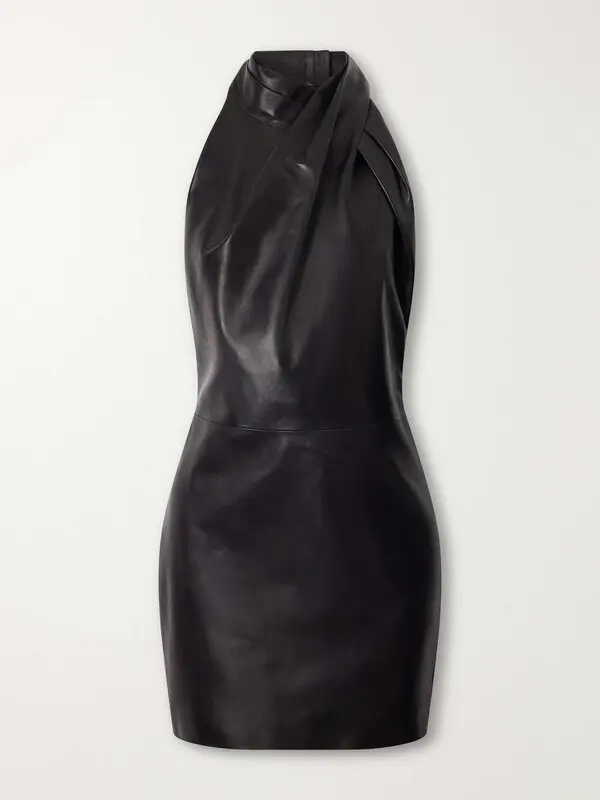 Balmain Paneled Halterneck Leather Mini Dress - Black