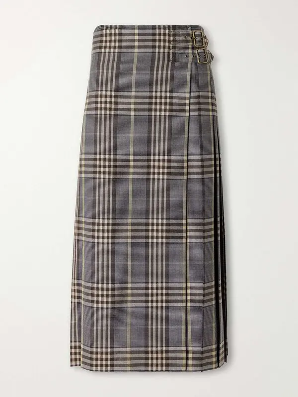 Burberry Pleated Checked Wool Midi Skirt